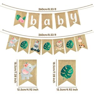 2Pcs Floral Safari Animals Baby Shower Burlap Banner Decoration, Wall Hanging Floral Wild Animals Banner Decor Lion, Giraffe, Elephant, Hippo Animal Pattern With Rope Hanging Banner Sign Decor Theme Party Indoor Decorations