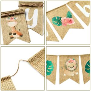 2Pcs Floral Safari Animals Baby Shower Burlap Banner Decoration, Wall Hanging Floral Wild Animals Banner Decor Lion, Giraffe, Elephant, Hippo Animal Pattern With Rope Hanging Banner Sign Decor Theme Party Indoor Decorations