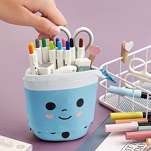 Cute Pencil Case Telescopic Holder Stationery Case with Grid Mesh Pencil Holder, Pop Up Pencil Pouch Standing Pen Holder Makeup Office Bag Organizer School Box for Girls Students Women Adults