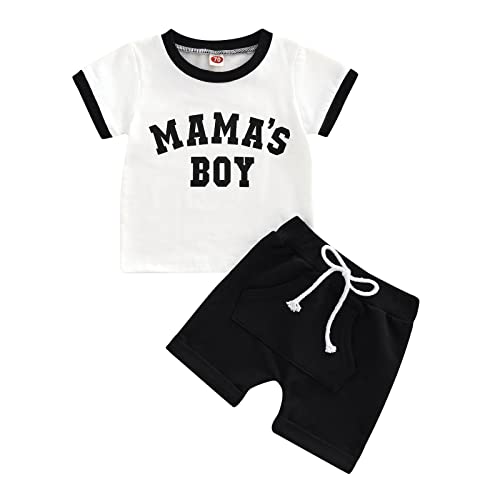 Newborn Baby Boy Summer Clothes Mamas Boy Outfit Short Sleeve T-Shirt Top Elastic Short Pants Set Little Dude Outfit (Black,18-24 Months)