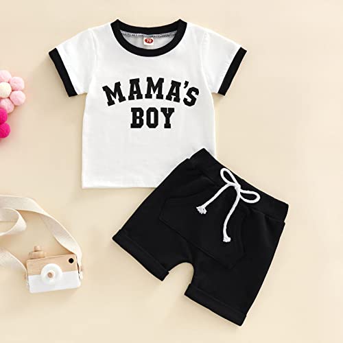 Newborn Baby Boy Summer Clothes Mamas Boy Outfit Short Sleeve T-Shirt Top Elastic Short Pants Set Little Dude Outfit (Black,18-24 Months)