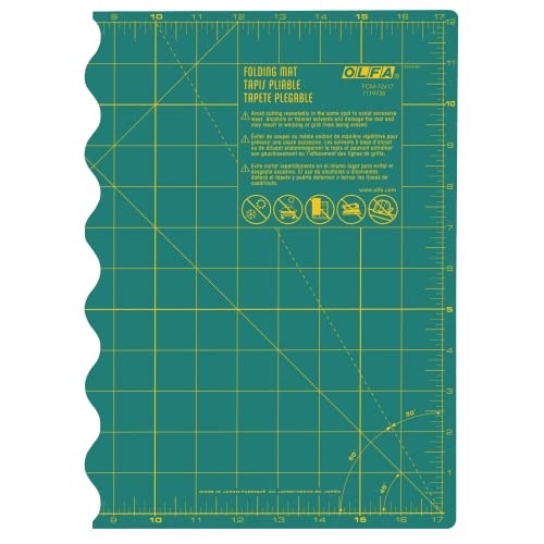 OLFA 12" x 17" Folding Cutting Mat (FCM-12x17) - Self Healing 12x17 Inch Foldable Rotary Mat with Grid for Quilting, Sewing, Fabric, & Crafts, Use with Rotary Cutters & Fixed Blade Knives (Green)