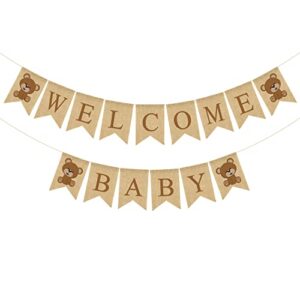 we can bearly wait baby shower party decorations, little bear baby shower themed banner, welcome baby burlap banner for boys and girls,baby announcement and gender reveal party supplies and favors,vintage garland and sign,suitable for brown teddy bear the