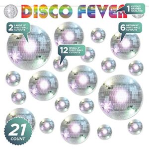 70's Party Disco Fever Hanging Banner Garland and Disco Ball 2-Sided Cutouts Set (21 Pieces Total)