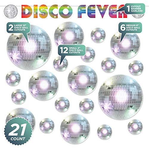 70's Party Disco Fever Hanging Banner Garland and Disco Ball 2-Sided Cutouts Set (21 Pieces Total)