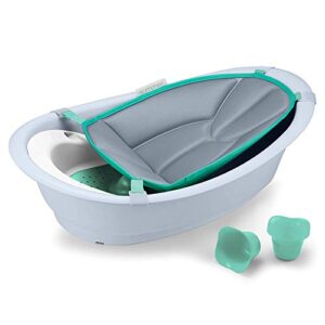 summer gentle support multi-stage tub – for ages 0-24 months – includes soft support, two bath toys, a hook for storage and dying, and a drain plug