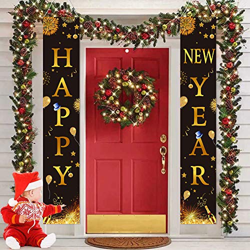 HOWAF 2023 Happy New Year Porch Sign, Happy New Year Hanging Banners for Home Indoor Outdoor Porch Wall New Year Holiday Party Decoration