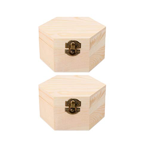 Healifty 2pcs Wood Craft Box Hexagon Unpainted Wooden Jewelry Box DIY Storage Chest Treasure Case Organizer Sundries Jewelry Storage Container(Random Lock Style)