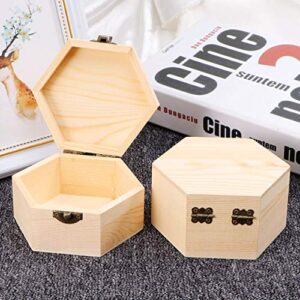 Healifty 2pcs Wood Craft Box Hexagon Unpainted Wooden Jewelry Box DIY Storage Chest Treasure Case Organizer Sundries Jewelry Storage Container(Random Lock Style)