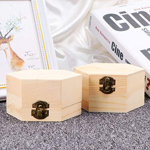 Healifty 2pcs Wood Craft Box Hexagon Unpainted Wooden Jewelry Box DIY Storage Chest Treasure Case Organizer Sundries Jewelry Storage Container(Random Lock Style)