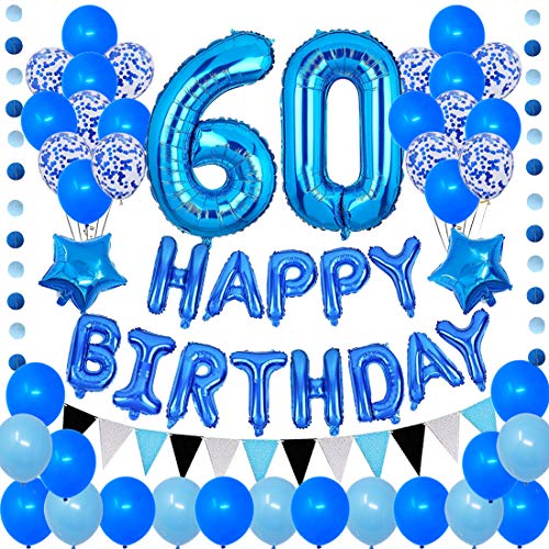 Succris 60TH Blue Theme for 60 Years Old Birthday Party Supplies Blue Happy Birthday Banner Blue Circle Dots Garland Paper Hanging Triangle Flag Banner Confetti balloons Number 60 Blue