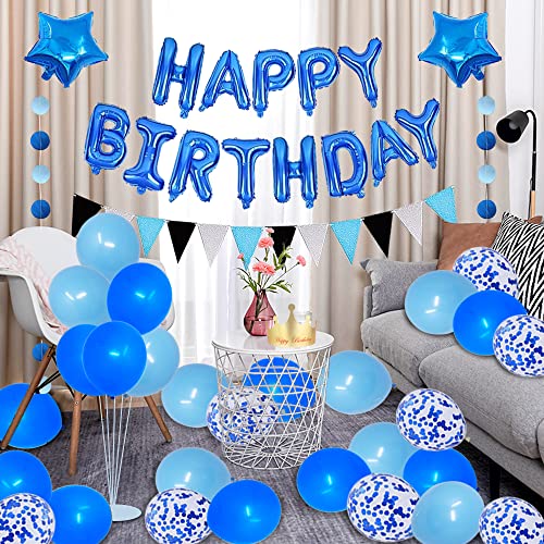 Succris 60TH Blue Theme for 60 Years Old Birthday Party Supplies Blue Happy Birthday Banner Blue Circle Dots Garland Paper Hanging Triangle Flag Banner Confetti balloons Number 60 Blue