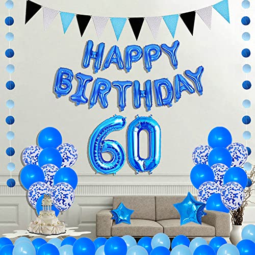 Succris 60TH Blue Theme for 60 Years Old Birthday Party Supplies Blue Happy Birthday Banner Blue Circle Dots Garland Paper Hanging Triangle Flag Banner Confetti balloons Number 60 Blue