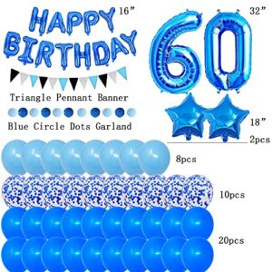 Succris 60TH Blue Theme for 60 Years Old Birthday Party Supplies Blue Happy Birthday Banner Blue Circle Dots Garland Paper Hanging Triangle Flag Banner Confetti balloons Number 60 Blue