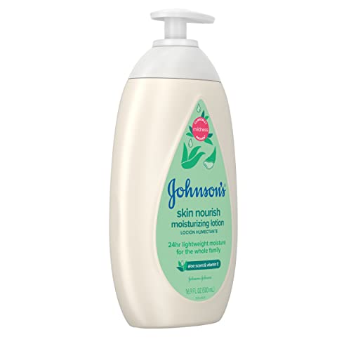 Johnson's Skin Nourish Moisturizing Baby Lotion with Aloe Vera Scent & Vitamin E, Gentle & Lightweight Body Lotion for The Whole Family, Hypoallergenic, Dye-Free, 16.9 fl. oz