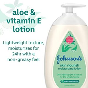 Johnson's Skin Nourish Moisturizing Baby Lotion with Aloe Vera Scent & Vitamin E, Gentle & Lightweight Body Lotion for The Whole Family, Hypoallergenic, Dye-Free, 16.9 fl. oz