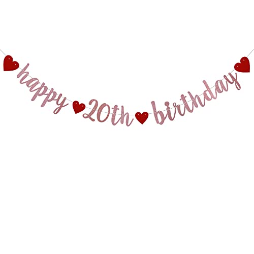 Happy 20th Birthday Banner, Pre-Strung,Rose Gold Glitter Paper Garlands for 20th Birthday Party Decorations Supplies, No Assembly Required,Rose Gold,SUNbetterland