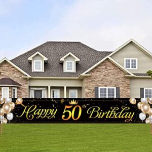 mocossmy happy 50th birthday yard banner,9.8×1.6 ft large black gold happy birthday yard sign porch photography background backdrop for women men gifts home outdoor birthday party supplies decoration