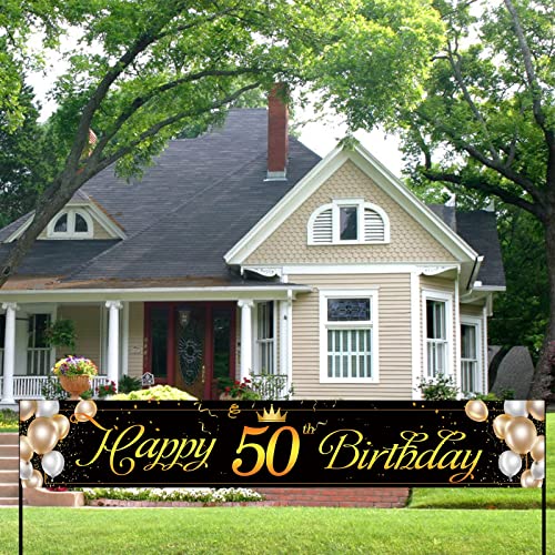 Mocossmy Happy 50th Birthday Yard Banner,9.8x1.6 Ft Large Black Gold Happy Birthday Yard Sign Porch Photography Background Backdrop for Women Men Gifts Home Outdoor Birthday Party Supplies Decoration