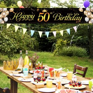 Mocossmy Happy 50th Birthday Yard Banner,9.8x1.6 Ft Large Black Gold Happy Birthday Yard Sign Porch Photography Background Backdrop for Women Men Gifts Home Outdoor Birthday Party Supplies Decoration