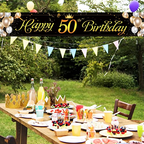 Mocossmy Happy 50th Birthday Yard Banner,9.8x1.6 Ft Large Black Gold Happy Birthday Yard Sign Porch Photography Background Backdrop for Women Men Gifts Home Outdoor Birthday Party Supplies Decoration