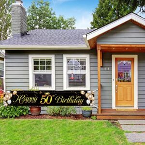 Mocossmy Happy 50th Birthday Yard Banner,9.8x1.6 Ft Large Black Gold Happy Birthday Yard Sign Porch Photography Background Backdrop for Women Men Gifts Home Outdoor Birthday Party Supplies Decoration