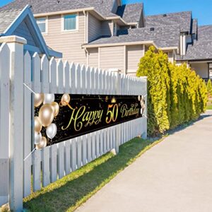 Mocossmy Happy 50th Birthday Yard Banner,9.8x1.6 Ft Large Black Gold Happy Birthday Yard Sign Porch Photography Background Backdrop for Women Men Gifts Home Outdoor Birthday Party Supplies Decoration