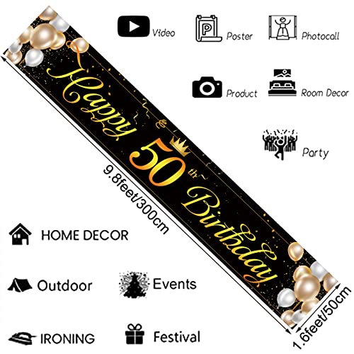 Mocossmy Happy 50th Birthday Yard Banner,9.8x1.6 Ft Large Black Gold Happy Birthday Yard Sign Porch Photography Background Backdrop for Women Men Gifts Home Outdoor Birthday Party Supplies Decoration