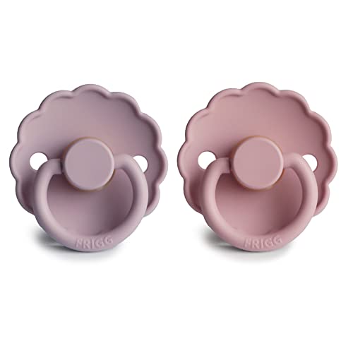 FRIGG Daisy Natural Rubber Baby Pacifier | Made in Denmark | BPA-Free (Baby Pink/Soft Lilac, 0-6 Months) 2-Pack