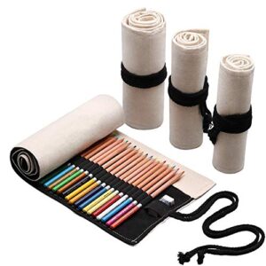 Handmade Canvas Pencil Roll Wrap 72 Holes, Multiuse Roll Up Pencil Case Large Capacity Pen Curtain for Coloring Pencil Holder Organizer,White