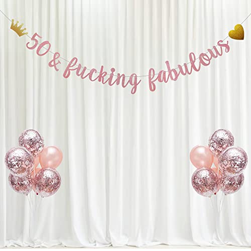 50 & Fucking Fabulous Banner, Pre-Strung, No Assembly Required, Funny Rose Gold Paper Glitter Party Decorations for 50th Birthday Party Supplies, Letters Rose Gold,ABCpartyland