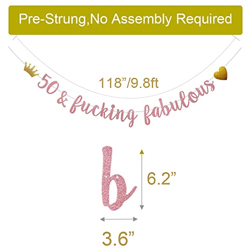 50 & Fucking Fabulous Banner, Pre-Strung, No Assembly Required, Funny Rose Gold Paper Glitter Party Decorations for 50th Birthday Party Supplies, Letters Rose Gold,ABCpartyland