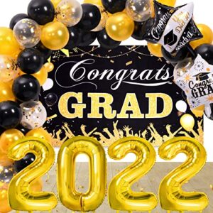 momohoo graduation party decorations 2022 – 47pcs class of 2022 graduation decorations, graduation congrats grad backdrop banner/2022 balloon/black and gold confetti balloon, graduation party supplies