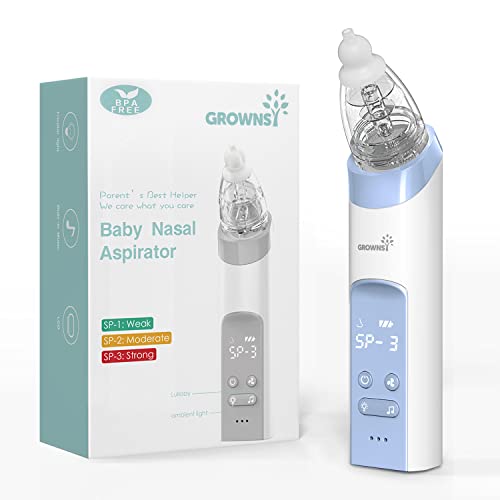 GROWNSY Nasal Aspirator for Baby, Electric Nose Aspirator for Toddler, Baby Nose Sucker, Automatic Nose Cleaner with 3 Silicone Tips, Adjustable Suctions, Music and Light Soothing Function (Blue)