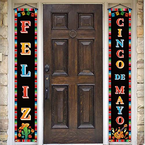 Feliz Cinco de Mayo Porch Banner Fiesta Serape Cactus Mexican Holiday Party Front Door Sign Wall Hanging Party Decoration