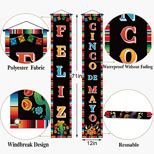 Feliz Cinco de Mayo Porch Banner Fiesta Serape Cactus Mexican Holiday Party Front Door Sign Wall Hanging Party Decoration