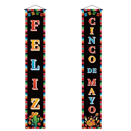 Feliz Cinco de Mayo Porch Banner Fiesta Serape Cactus Mexican Holiday Party Front Door Sign Wall Hanging Party Decoration