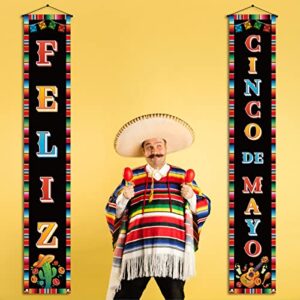 Feliz Cinco de Mayo Porch Banner Fiesta Serape Cactus Mexican Holiday Party Front Door Sign Wall Hanging Party Decoration