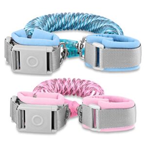 anti lost wrist link with magnetic induction lock 2 pack (4.92ft pink+8.2ft blue) toddler wrist leash for kids child safety harness with reflective strip (magnetic unlock design)