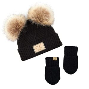 infant double pom beanie and mittens set – diagonal basketweave – black