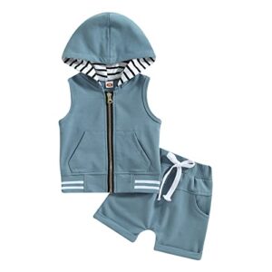 hnyenmcko baby boys summer clothes sleeveless zipper hooded tank tops solid color drawstring shorts set toddler 2pcs outfits (blue, 18-24 months)