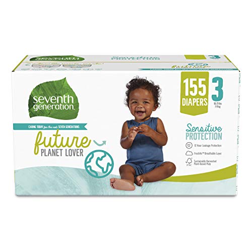 Seventh Generation Baby Diapers, Size 3, 155 count for Sensitive Skin (Packaging May Vary),155 Count (Pack of 1)