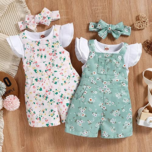 TMCSSYIE Baby Girlsr Cute Floral Pattern Outfit Sets sleeveless Tops Suspender Shorts + Bow Headband 2Pcs Summer Jumpsuit