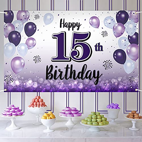 LASKYER Happy 15th Birthday Purple Large Banner - Cheers to Fifteen Years Old Birthday Home Wall Photoprop Backdrop,15th Birthday Party Decorations.