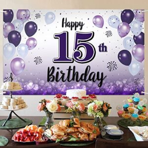 LASKYER Happy 15th Birthday Purple Large Banner - Cheers to Fifteen Years Old Birthday Home Wall Photoprop Backdrop,15th Birthday Party Decorations.