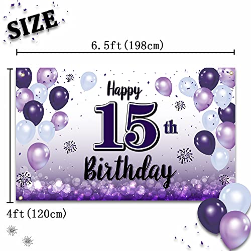 LASKYER Happy 15th Birthday Purple Large Banner - Cheers to Fifteen Years Old Birthday Home Wall Photoprop Backdrop,15th Birthday Party Decorations.