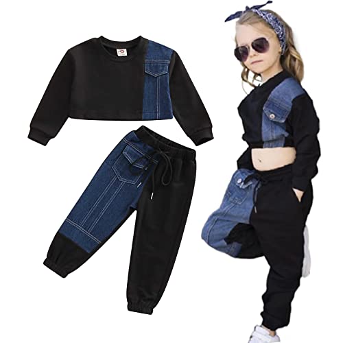 WALLARENEAR 2PCS Unisex Baby Long Sleeve Denim Patchwork Sweatshirt Crop Tops + Drawstring Jeans Sportswear Sets (Black Blue , 4-5 Years )