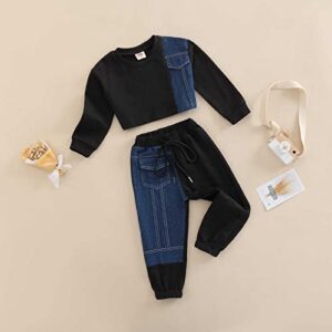 WALLARENEAR 2PCS Unisex Baby Long Sleeve Denim Patchwork Sweatshirt Crop Tops + Drawstring Jeans Sportswear Sets (Black Blue , 4-5 Years )