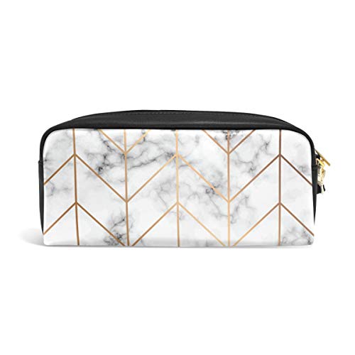 ALAZA Cute Pencil Case White Marble Gold Geomertric Line Pen Cases Organizer PU Leather Comestic Makeup Bag Make up Pouch