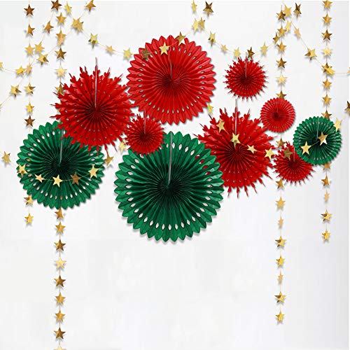 Decor365 Red Green Christmas Party Decoration Kit Hanging Decor Tissue Paper Fan Pompom Gold Star Garland Streamer Backdrop Background for Xmas Birthday Wedding Baby Shower